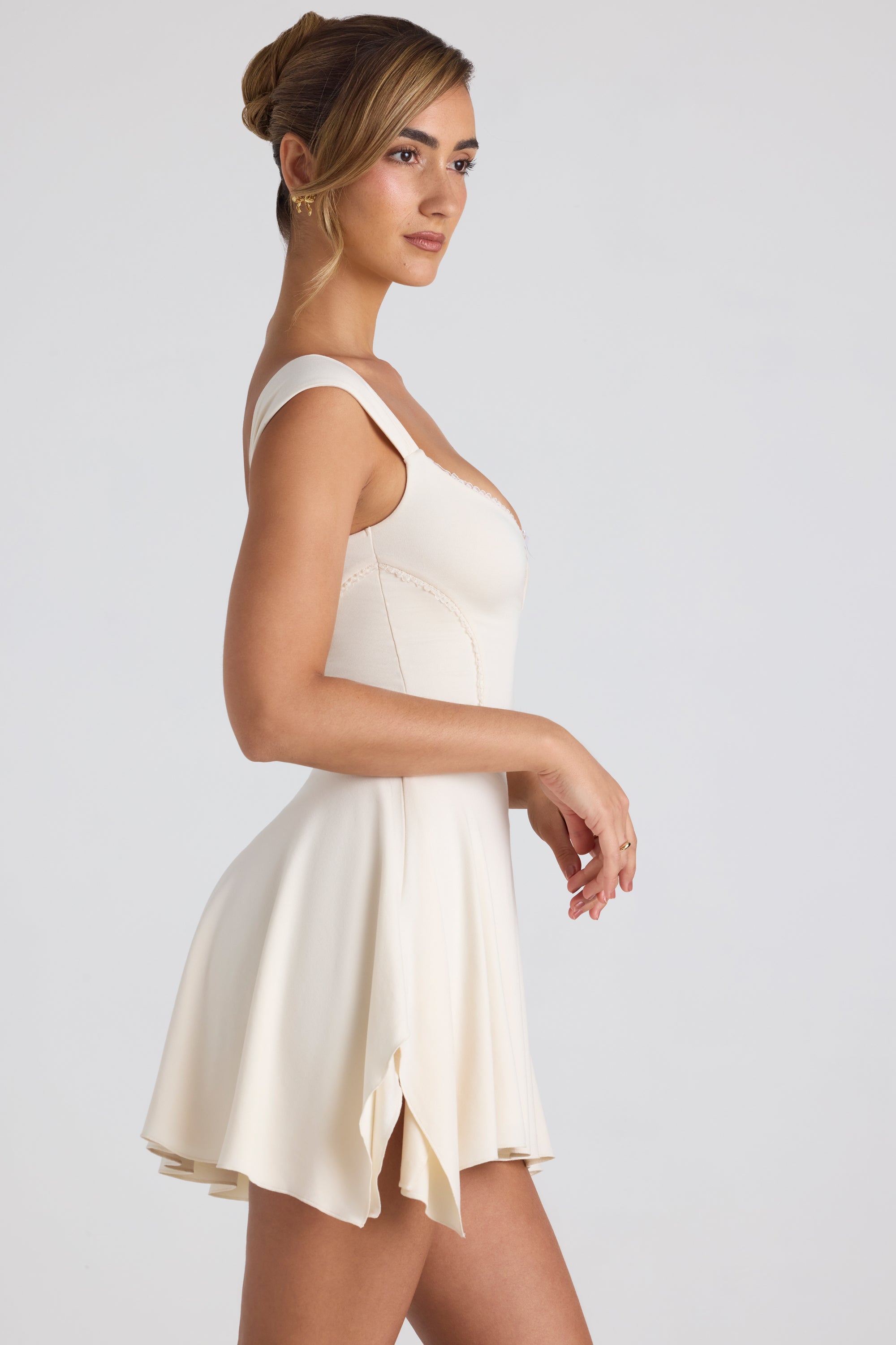Nessa Modal Asymmetric Lace-Trim A-Line Mini Dress in Ivory | Oh Polly