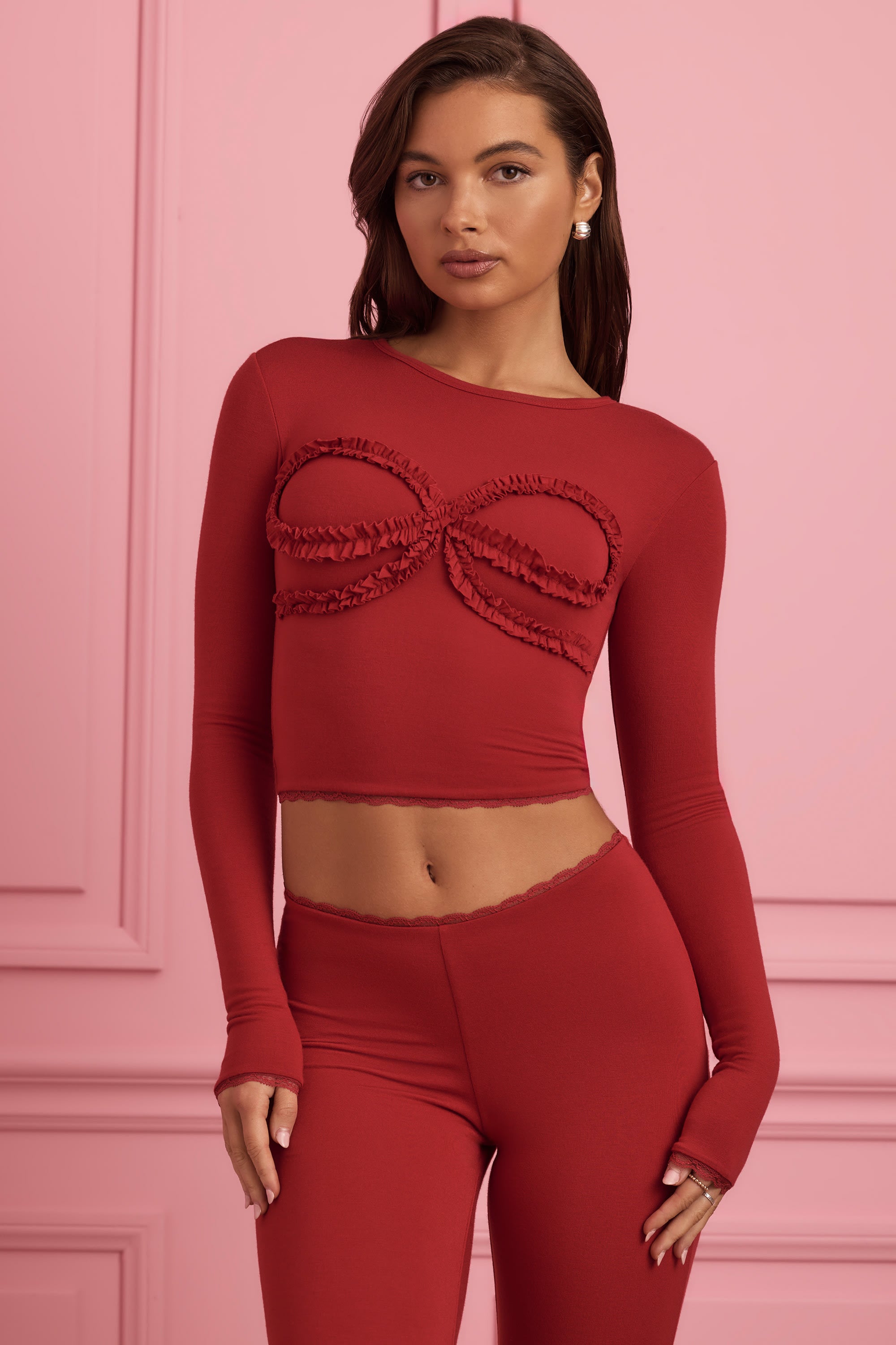 Bowie Lace-Trim Appliqué Pyjama Top in Ruby Red | Oh Polly