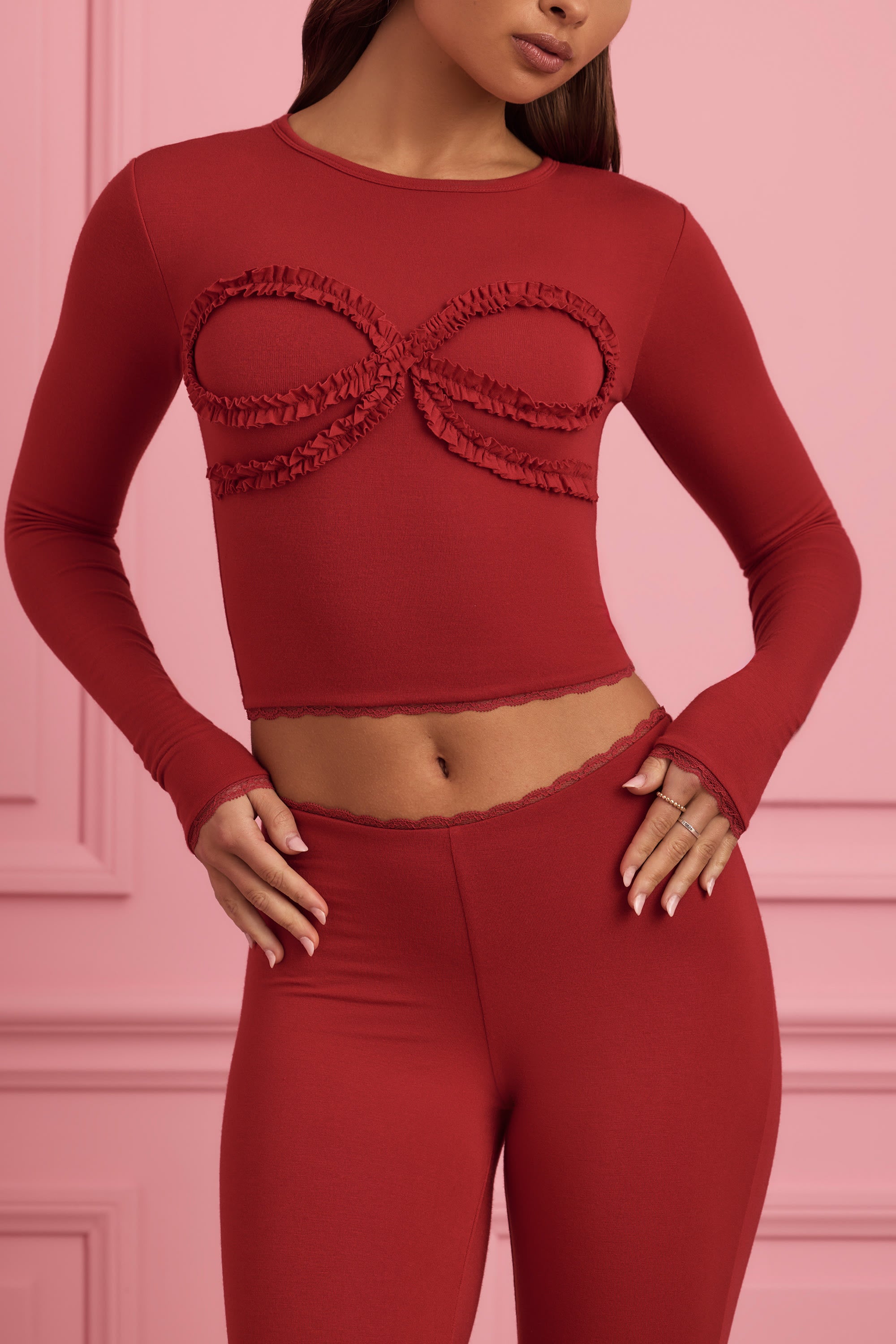 Bowie Lace-Trim Appliqué Pyjama Top in Ruby Red | Oh Polly