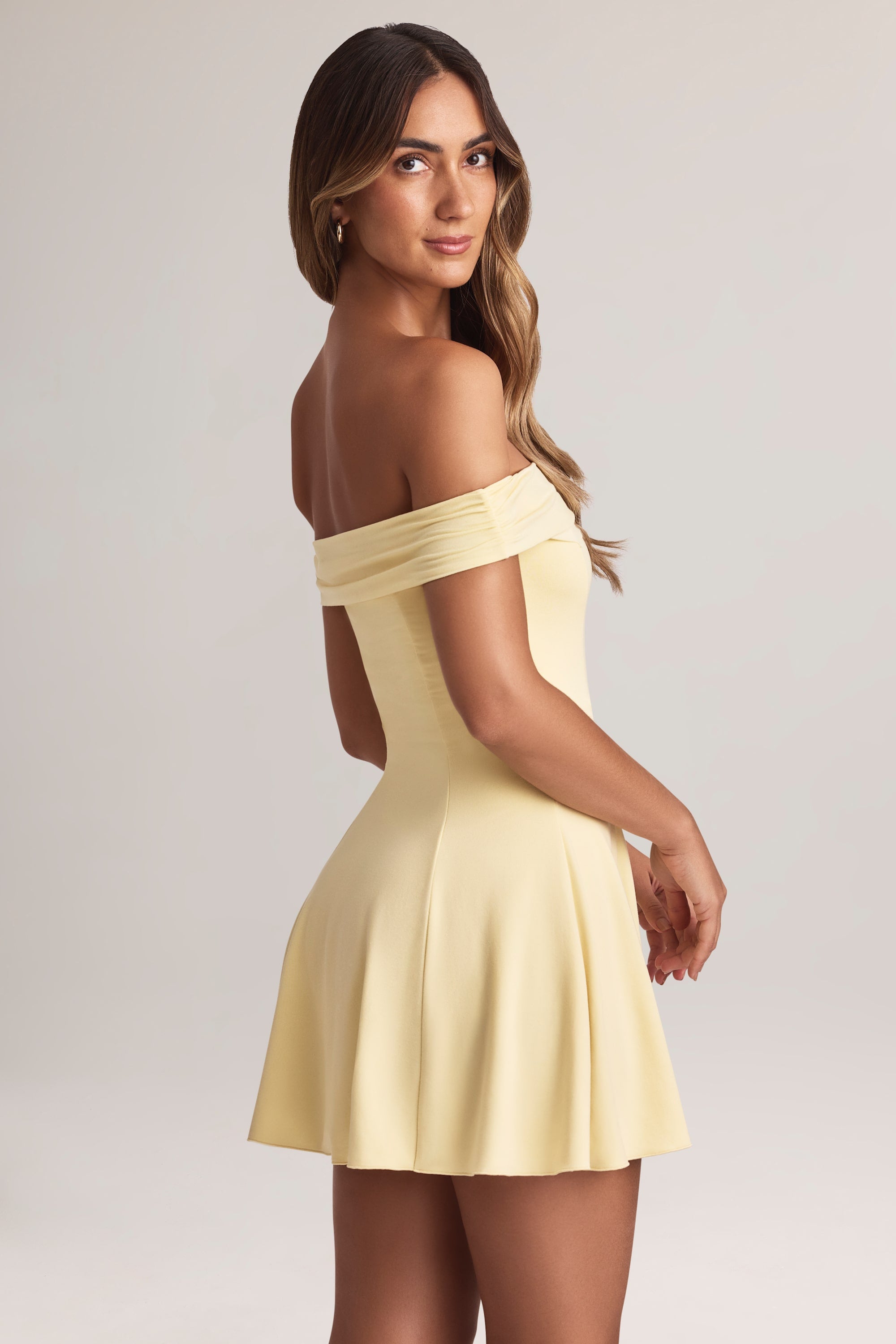 Jaida Modal Off-Shoulder A-Line Mini Dress in Lemon Sherbet | Oh Polly