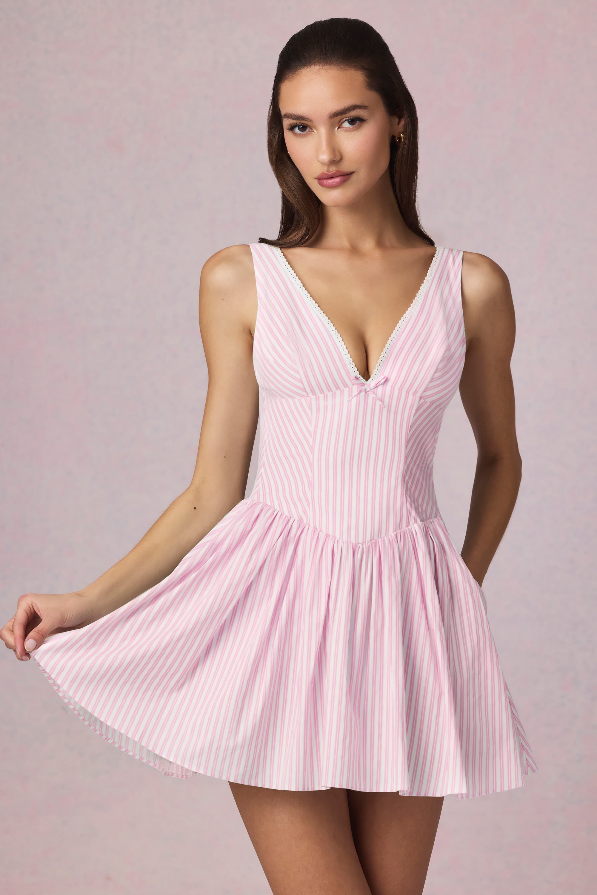 Marissa Bow-Detail A-Line Mini Dress in Soft Mauve Stripe | Oh Polly