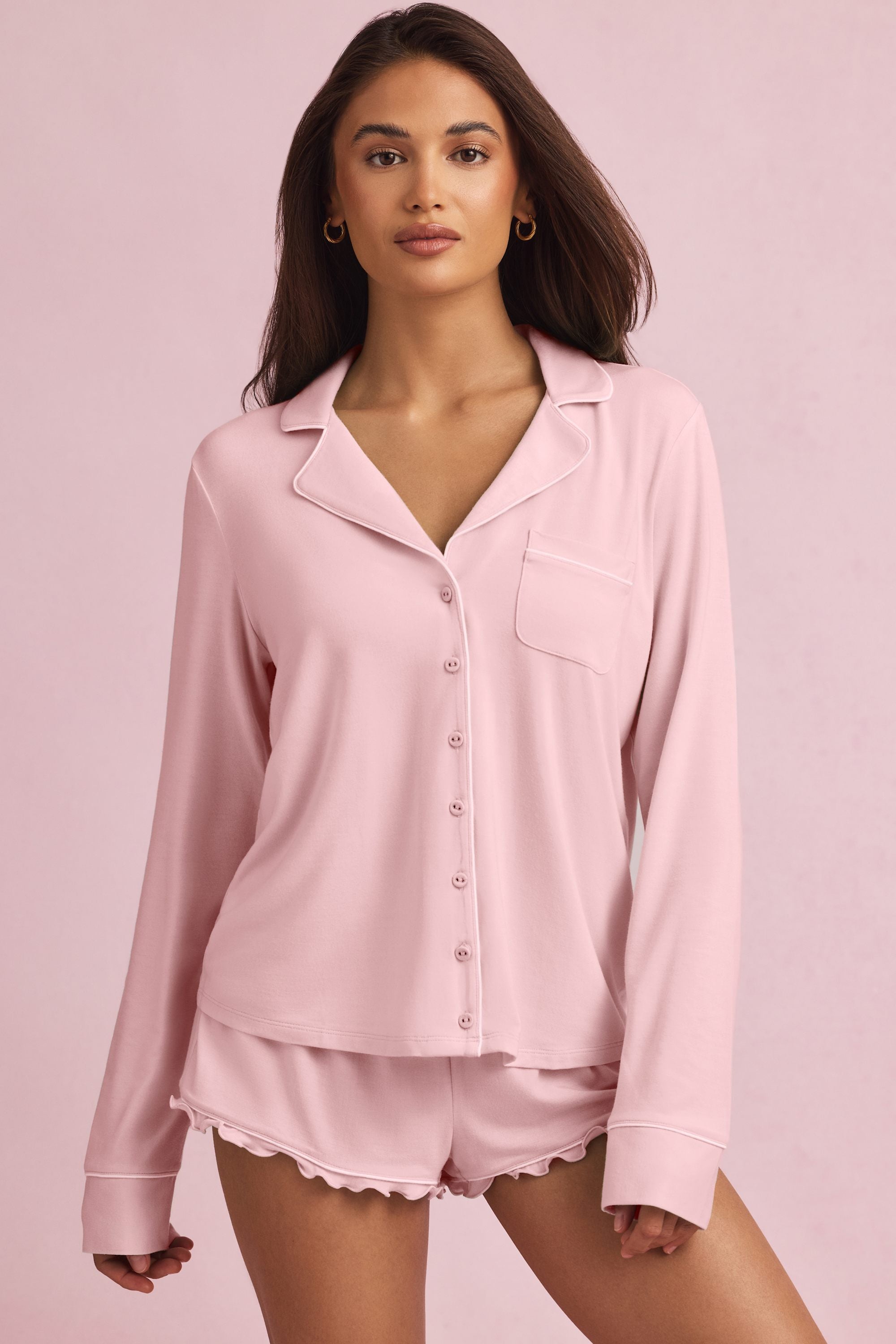 Mirae Bow-Detail Long-Sleeve Pyjama Top in Baby Pink | Oh Polly