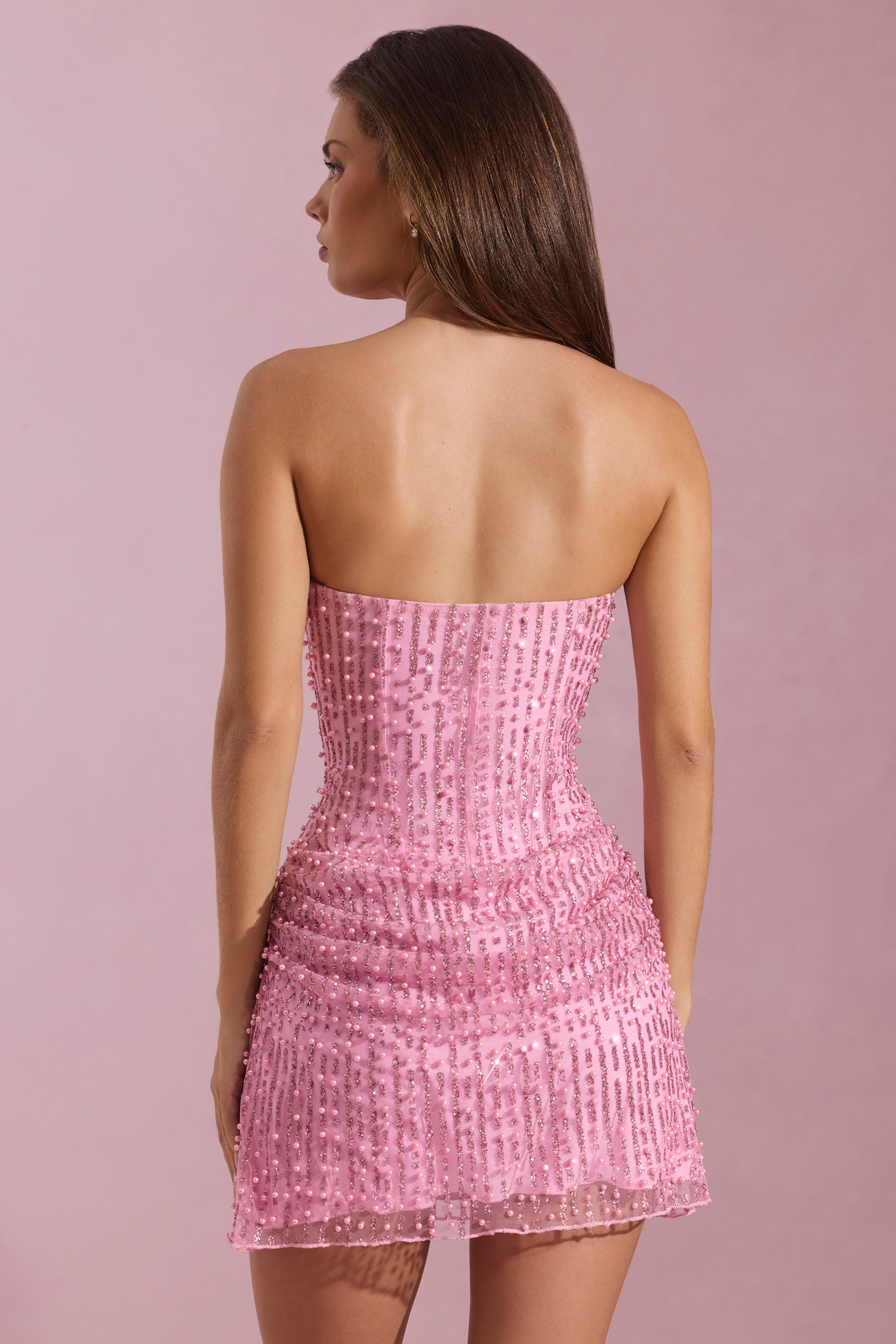 Ziya Embellished Draped Strapless A-Line Mini Dress in Pink | Oh Polly