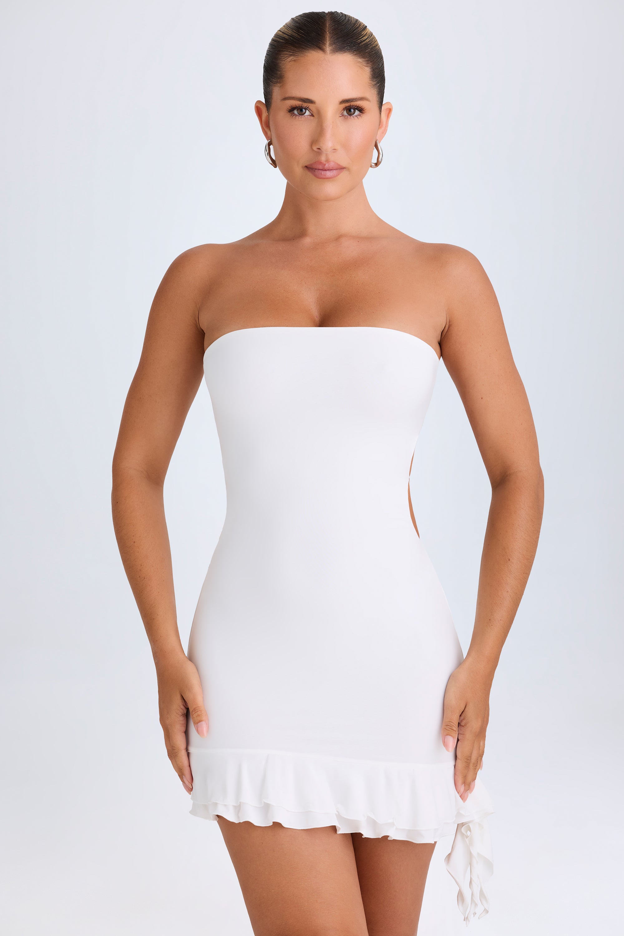 Misa Ruffle-Trim Cut-Out Bandeau Mini Dress in White | Oh Polly