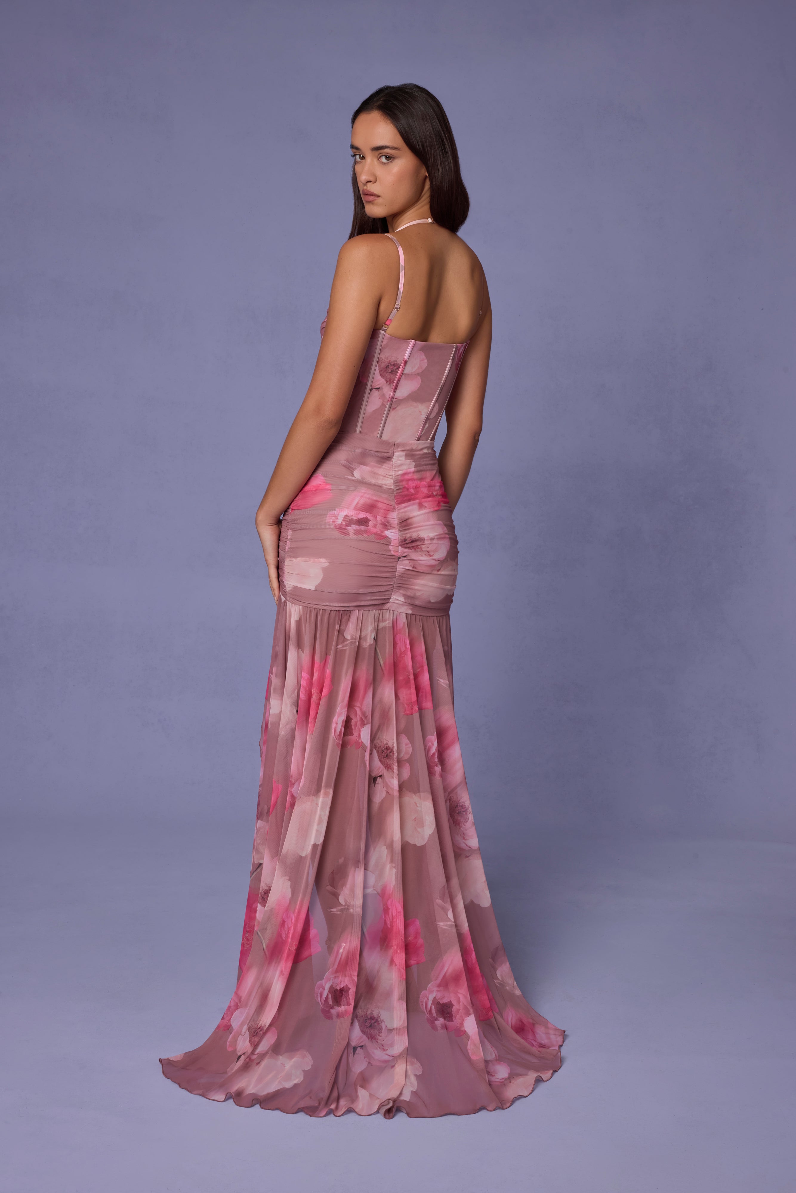 Haruna Ruched Asymmetric Corset Gown in Blurred Floral | Oh Polly