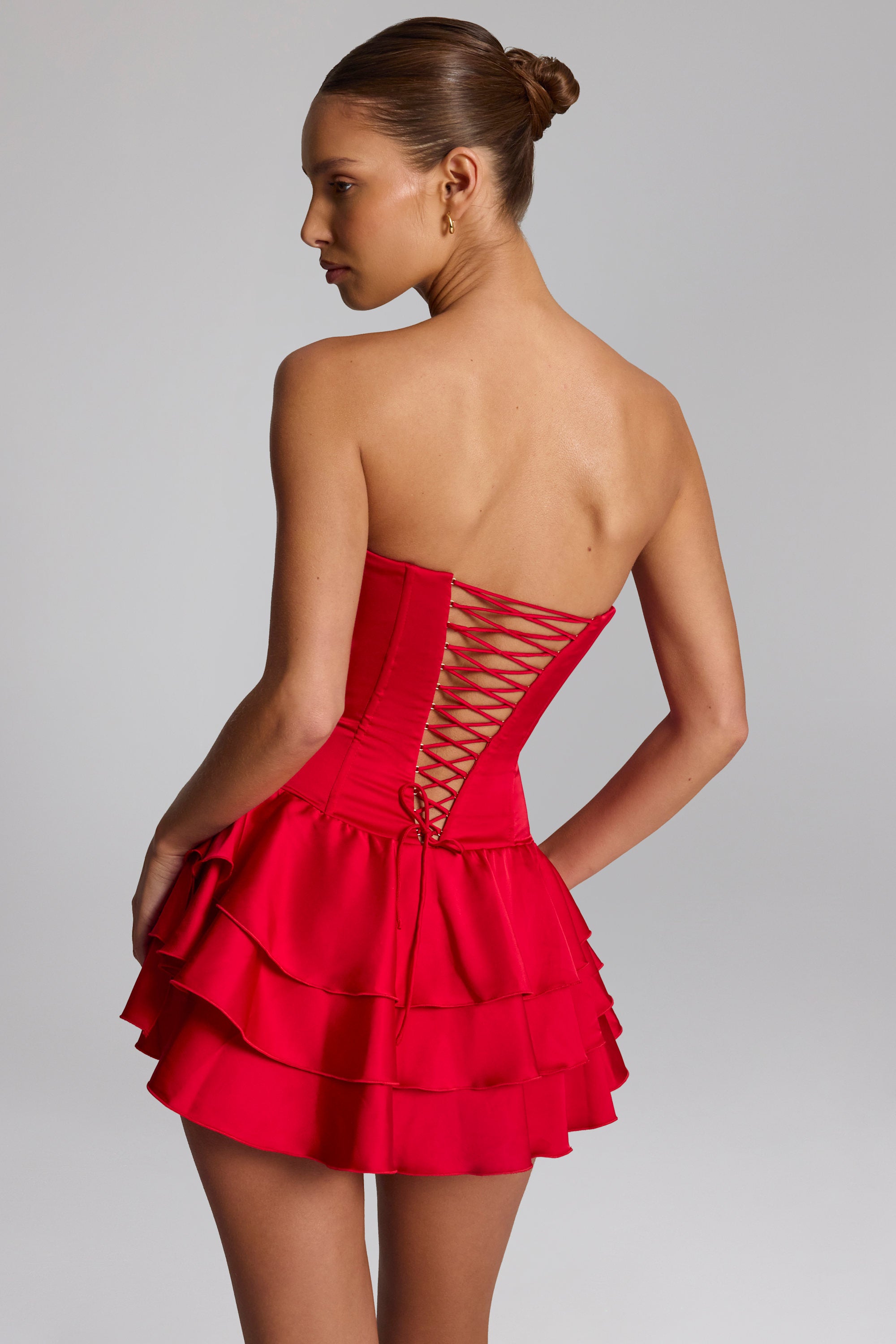 Priaska Ruffled Lace-Up Corset Playsuit in Fire Red | Oh Polly