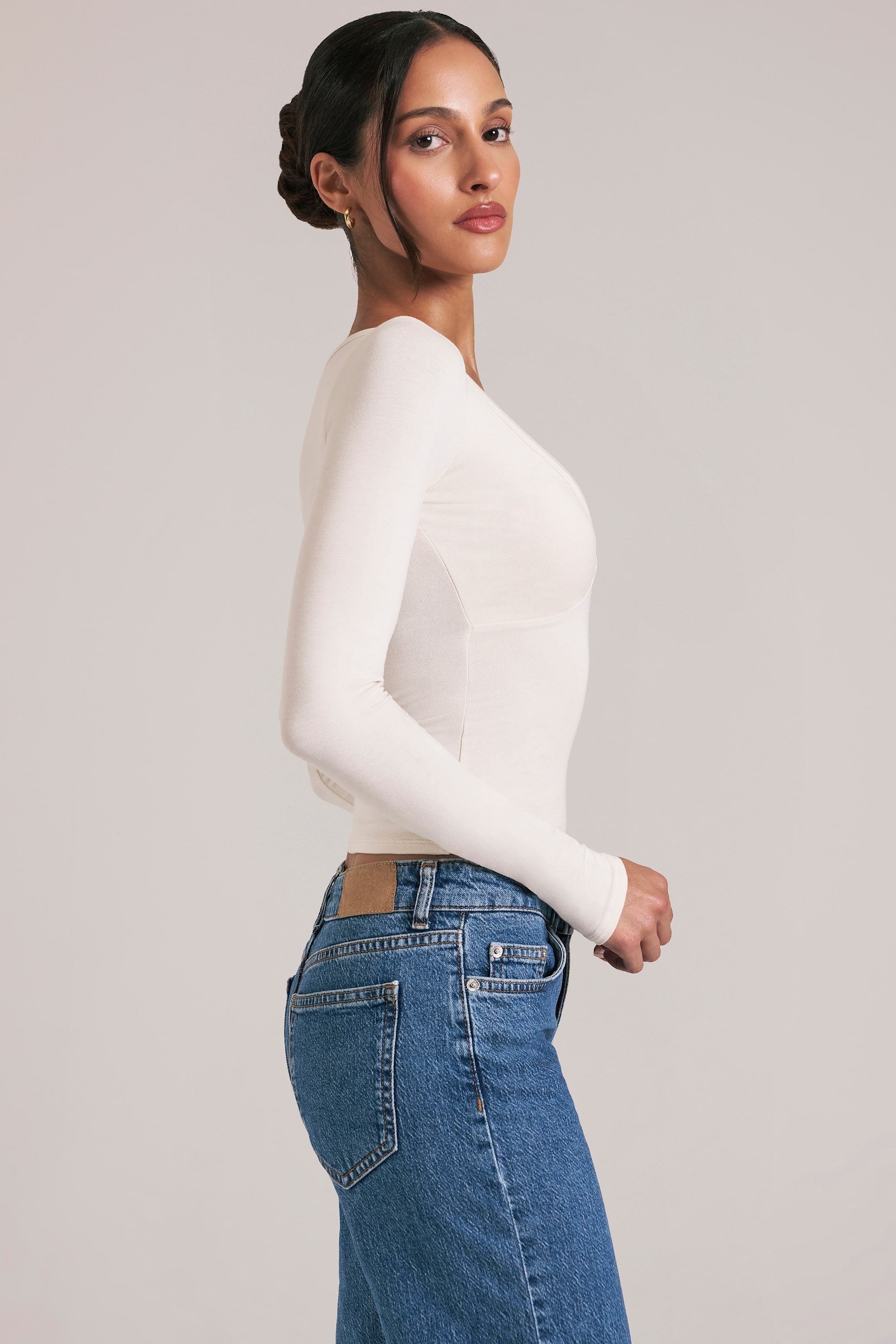 Zyra V-Neck Long-Sleeve Top in Ivory | Oh Polly
