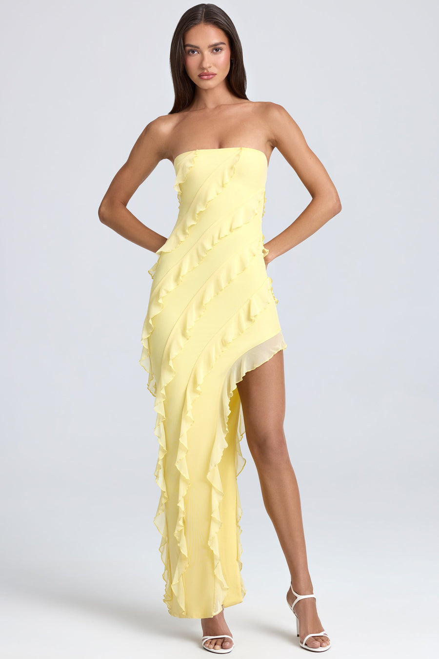 Nevali Bandeau Ruffle-Trim Maxi Dress in Lemon Sherbet | Oh Polly
