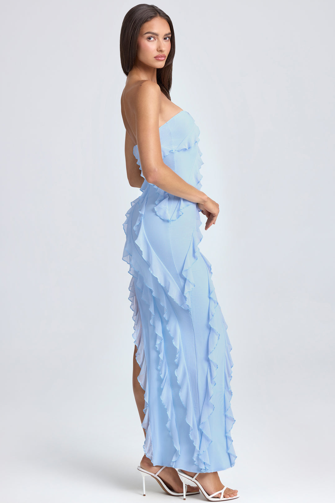 Nevali Bandeau Ruffle-Trim Maxi Dress in Powder Blue | Oh Polly