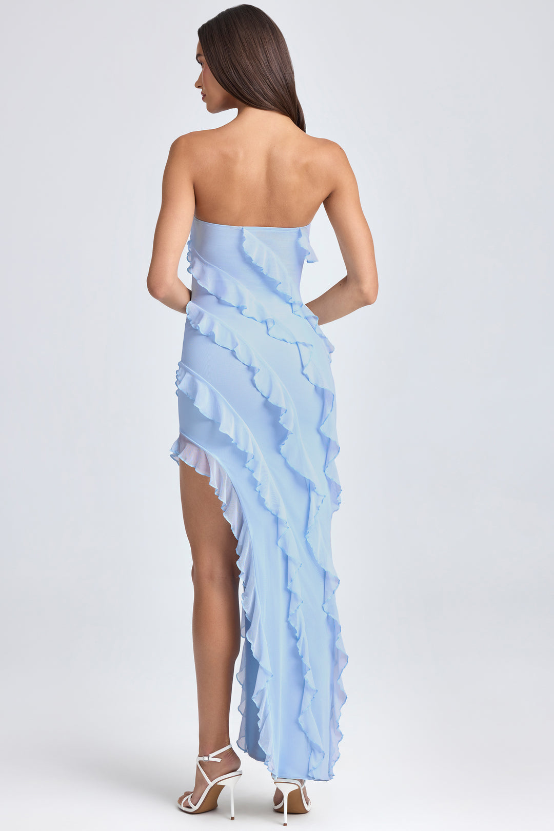 Nevali Bandeau Ruffle-Trim Maxi Dress in Powder Blue | Oh Polly