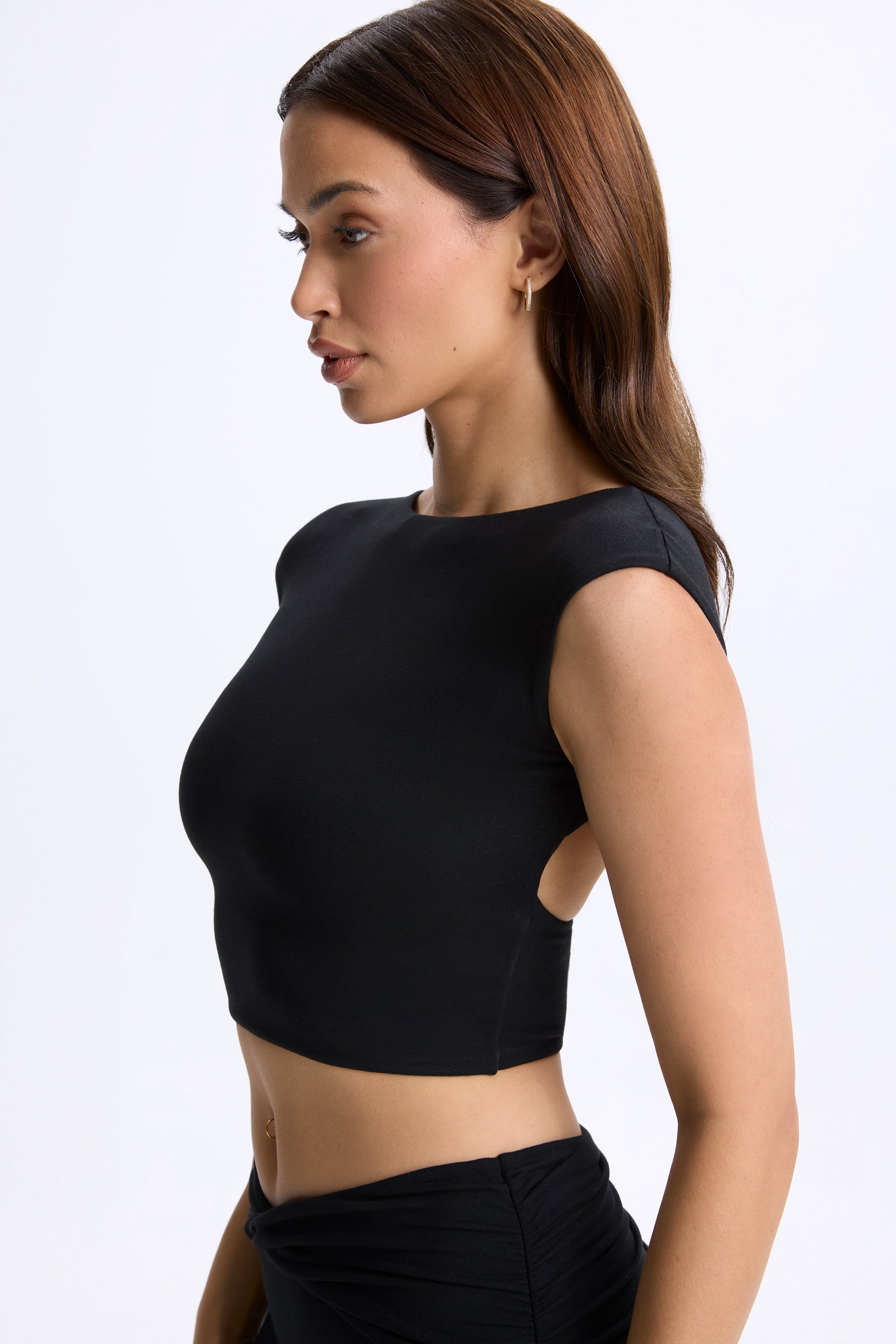 Juno Cap-Sleeve Open-Back Crop Top in Black | Oh Polly