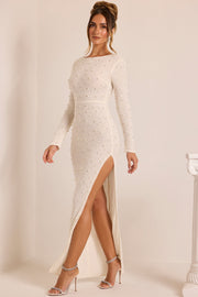 Vienna Embellished Long Sleeve Backless Maxi Dress in White | Oh Polly