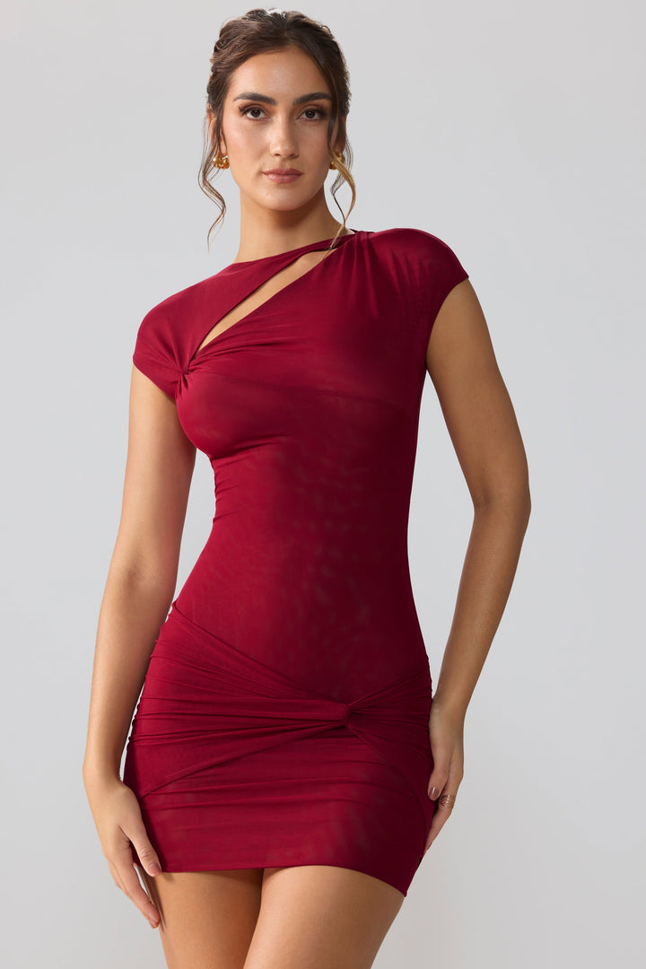 Aurelia Mesh Cap Sleeve Cut Out Mini Dress in Ruby | Oh Polly