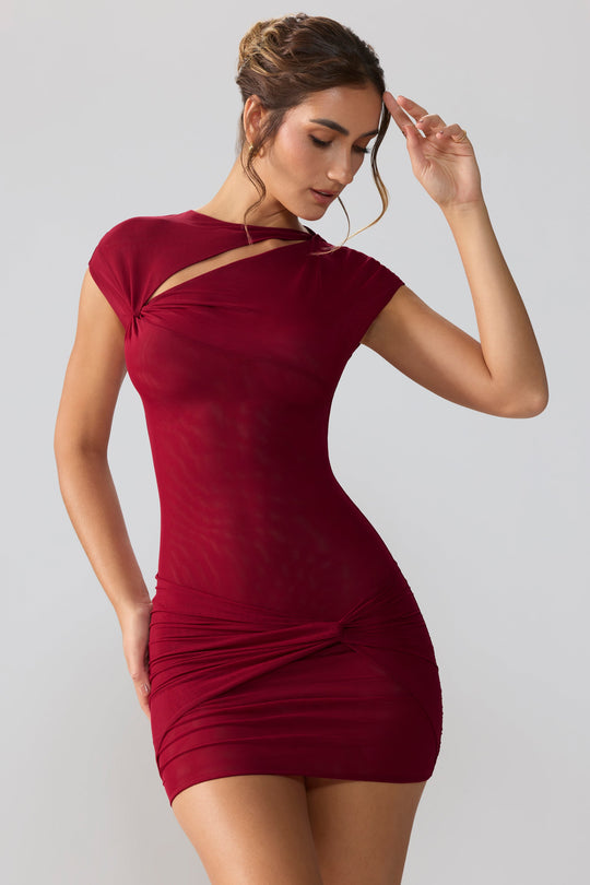 Aurelia Mesh Cap Sleeve Cut Out Mini Dress in Ruby | Oh Polly
