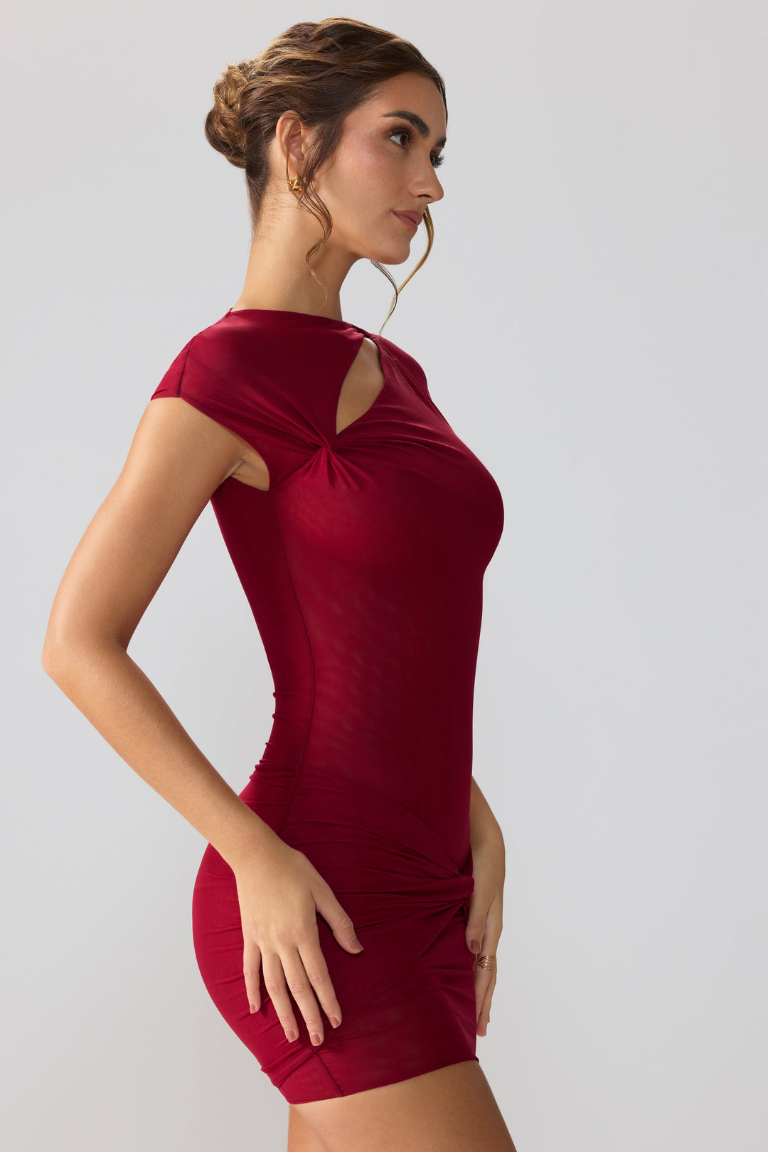 Aurelia Mesh Cap Sleeve Cut Out Mini Dress in Ruby | Oh Polly