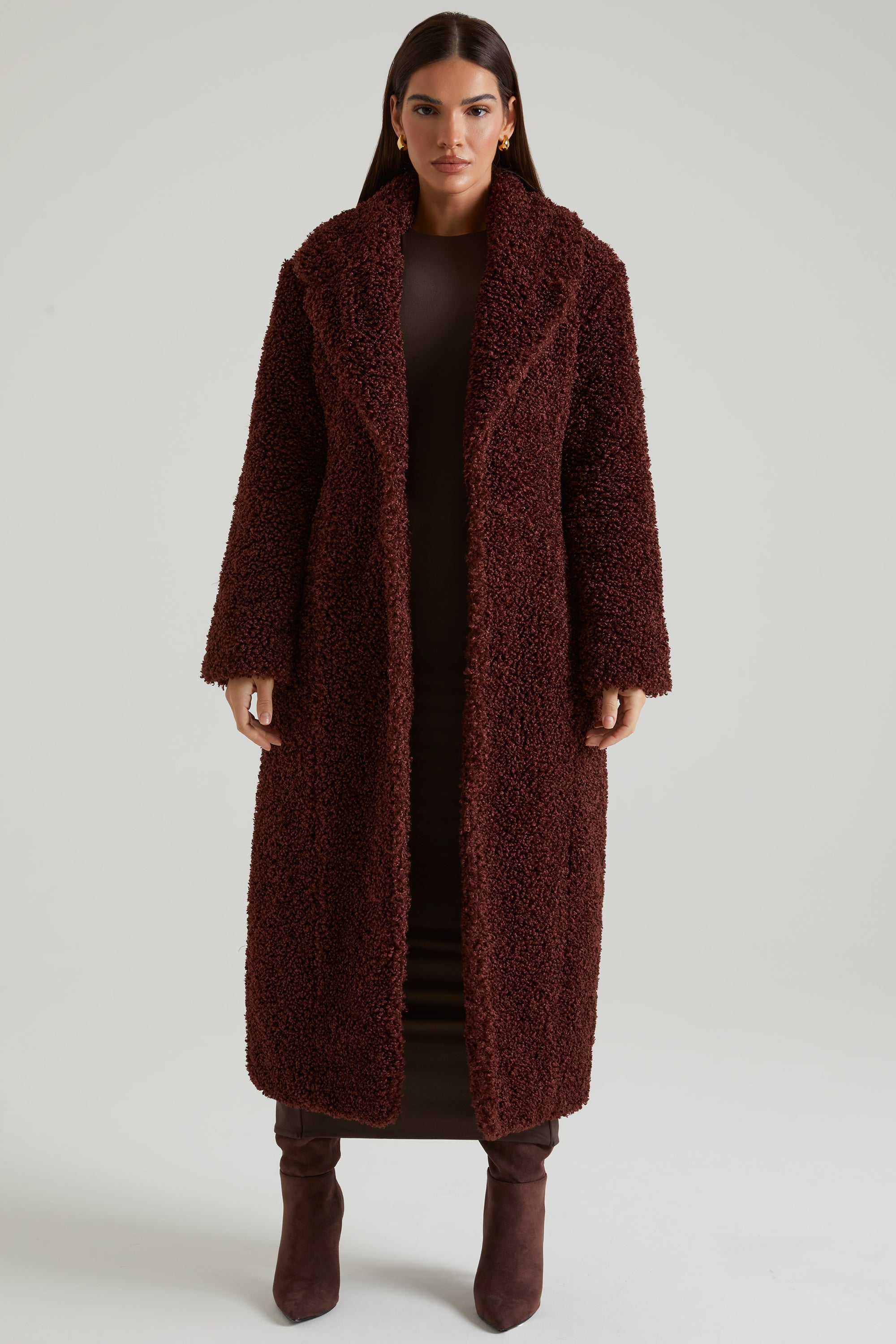 Alaska Long Shearling Coat in Brown | Oh Polly