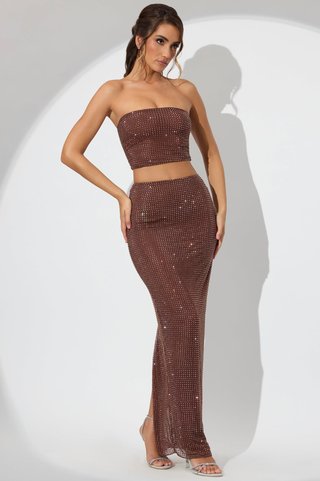 Fausta Embellished Mid Rise Maxi Skirt in Espresso | Oh Polly