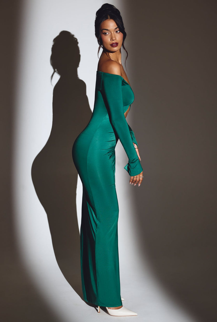 Audra Slinky Jersey Cut Out Maxi Dress in Emerald Green | Oh Polly