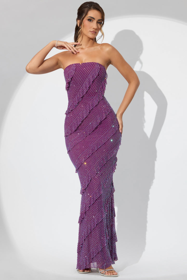 Dulce Embellished Strapless Ruffle Maxi Dress in Plum | Oh Polly