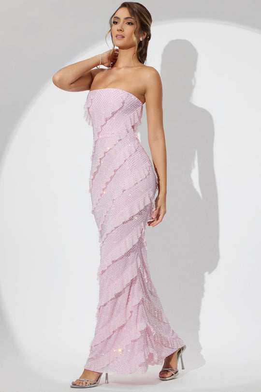 Dulce Embellished Strapless Ruffle Maxi Dress in Soft Pink | Oh Polly