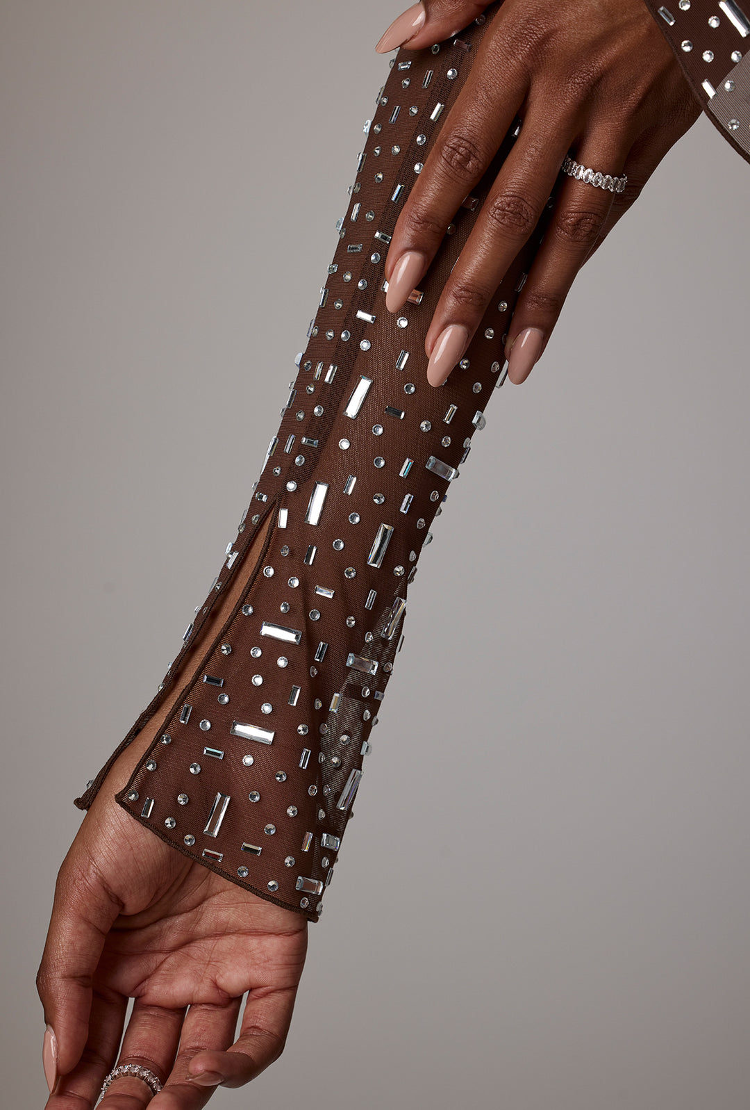 Zeta Sheer Embellished Long Sleeve A-Line Mini Dress in Deep Cocoa | Oh ...