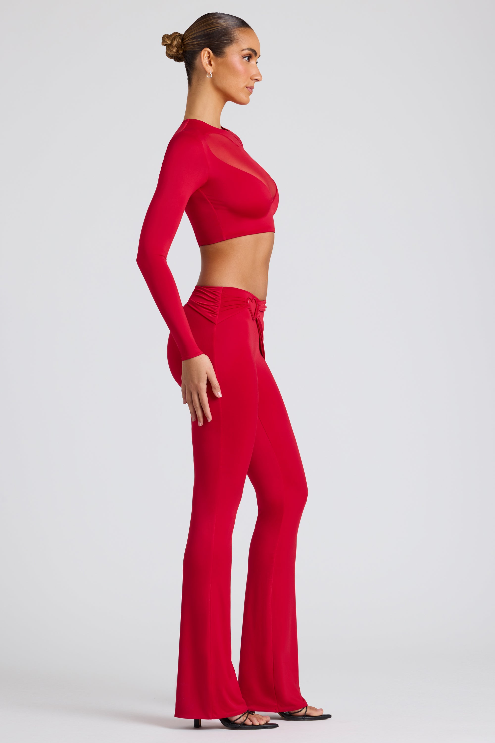 Azar Draped Detail Straight Leg Trousers in Fire Red | Oh Polly