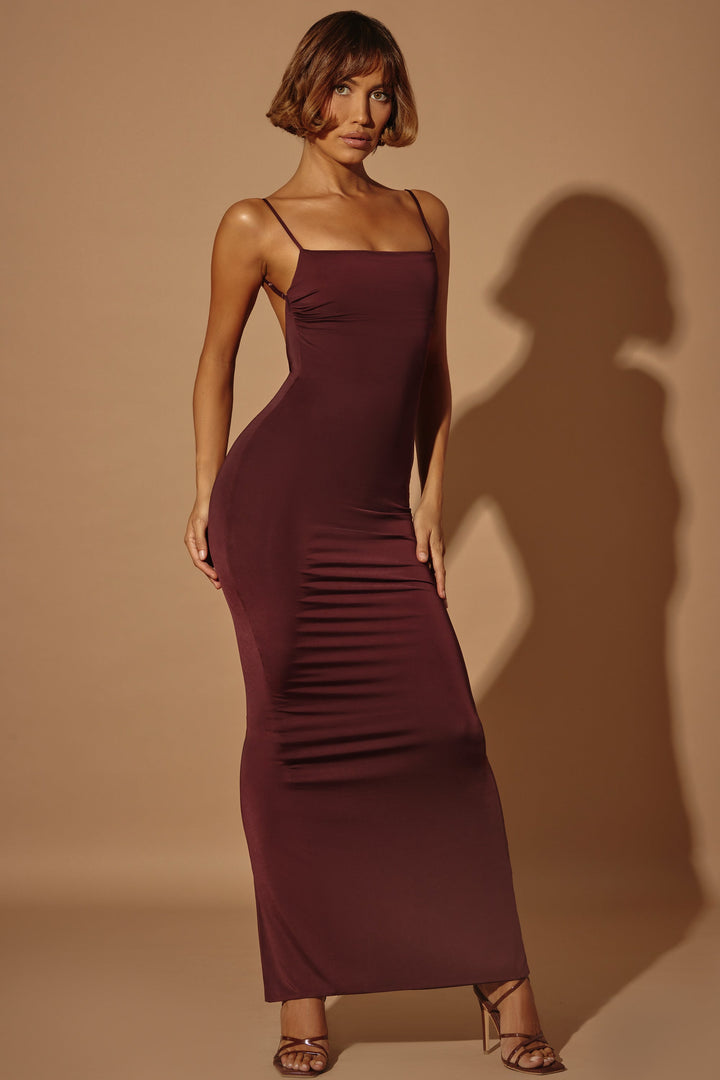 Ryatt Ruched Bodycon Maxi Dress in Brown | Oh Polly
