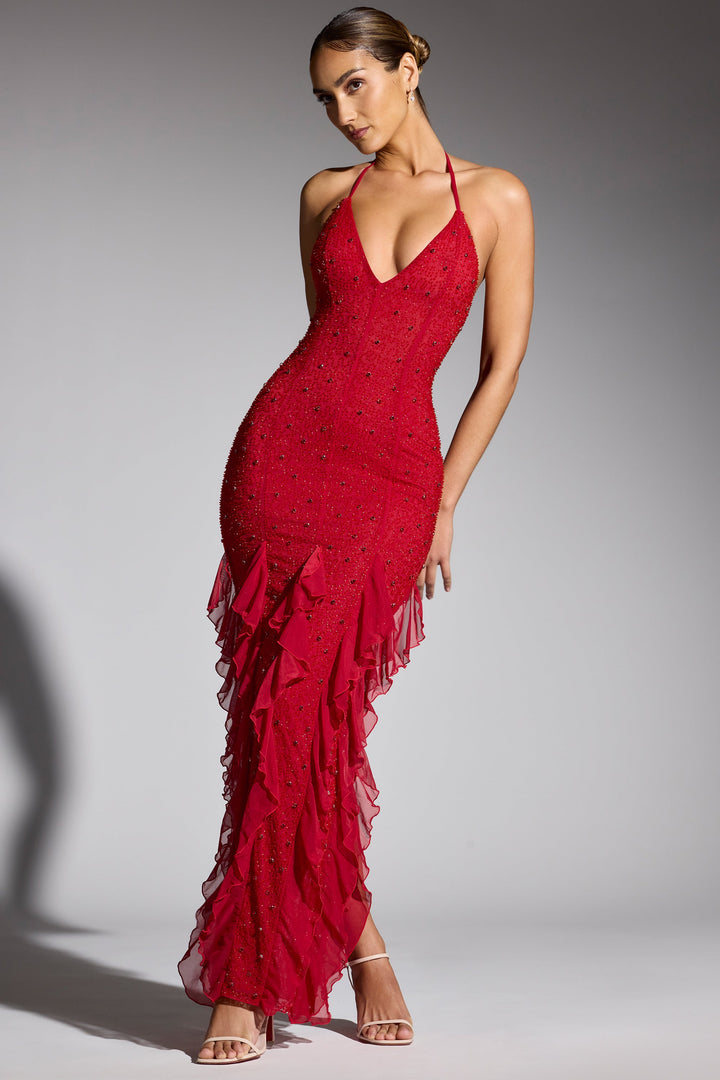 Anley Embellished Halter Neck Ruffle Maxi Dress in Red | Oh Polly