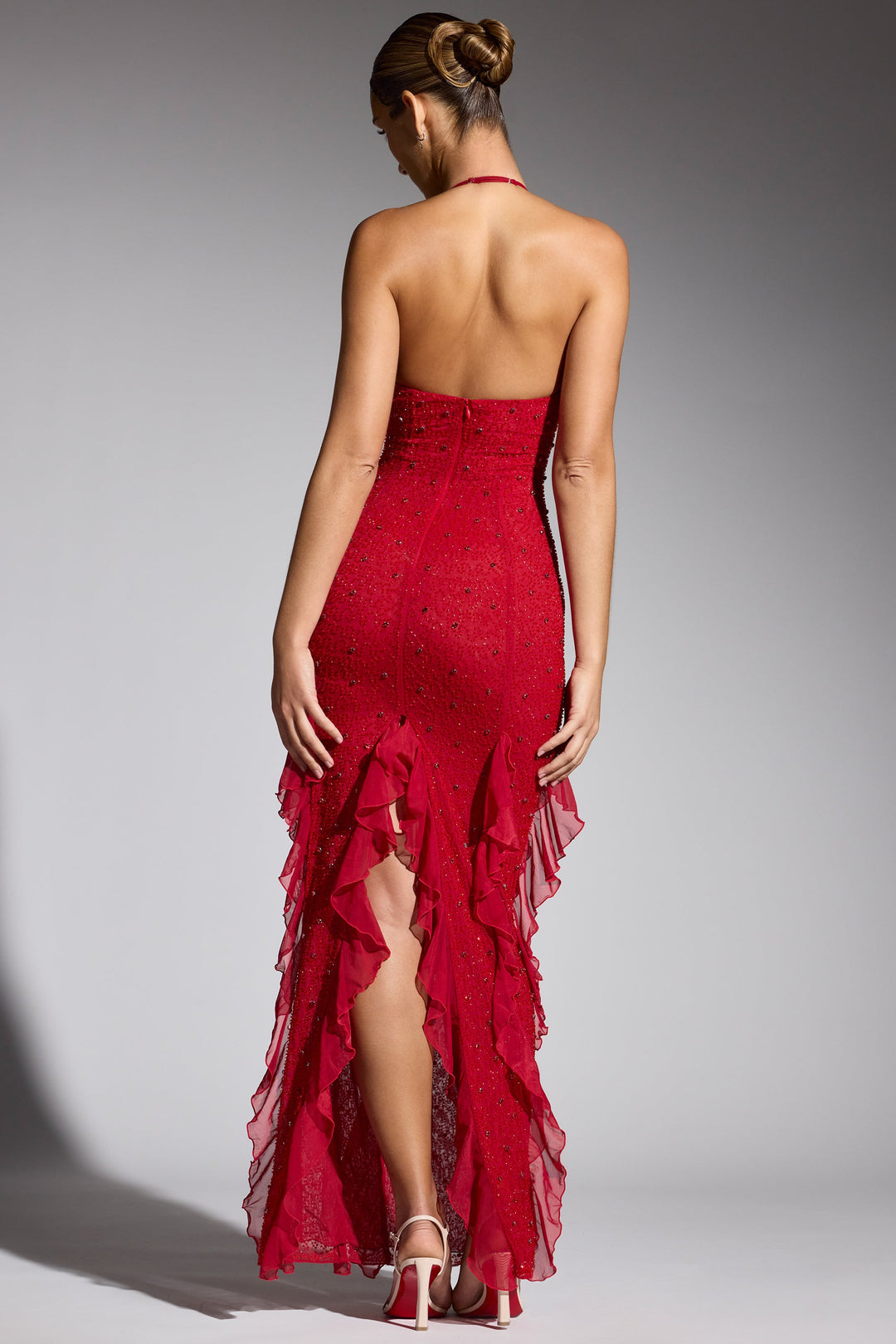 Anley Embellished Halter Neck Ruffle Maxi Dress in Red | Oh Polly