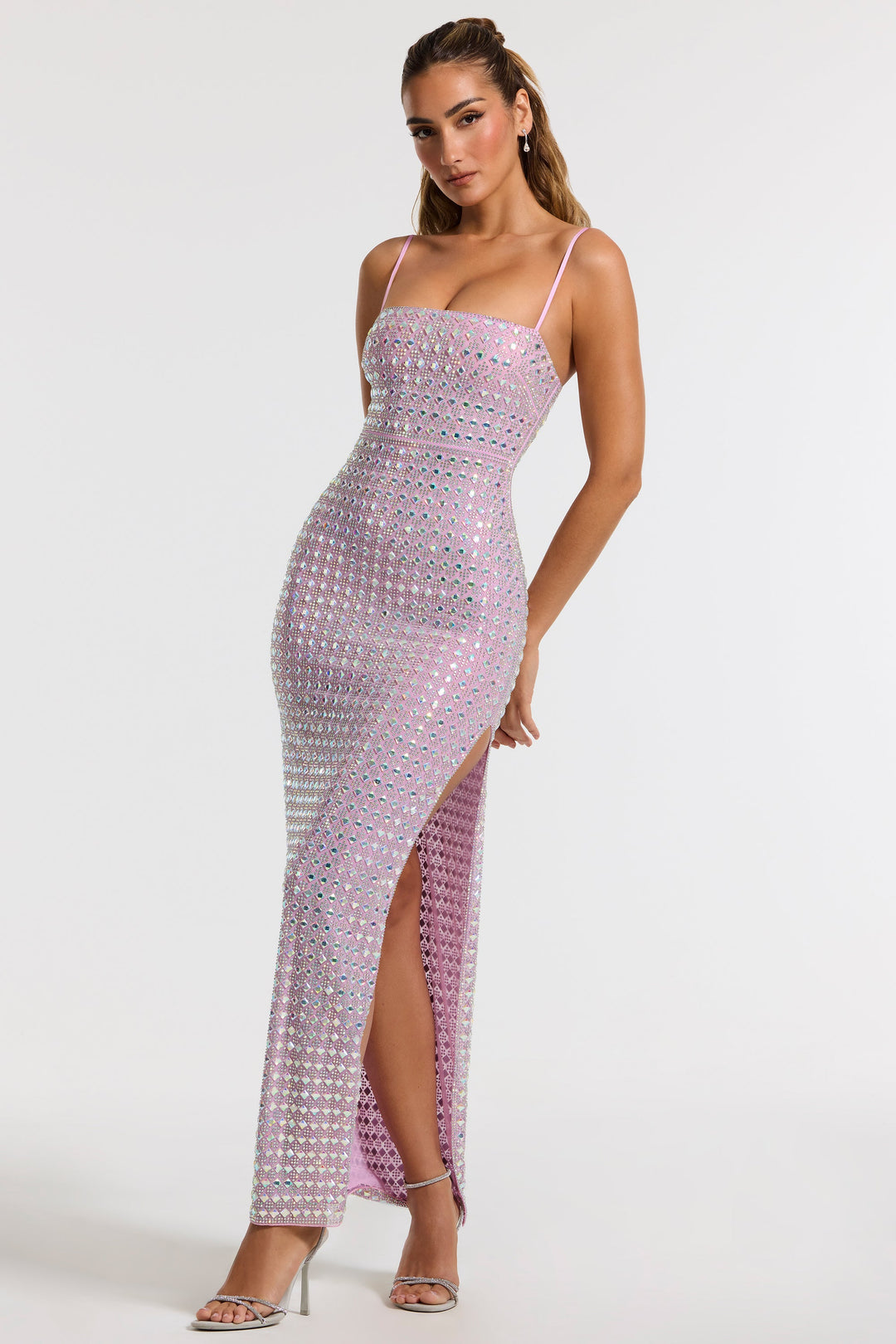 Prisha Embellished Square Neck Evening Gown in Lilac | Oh Polly