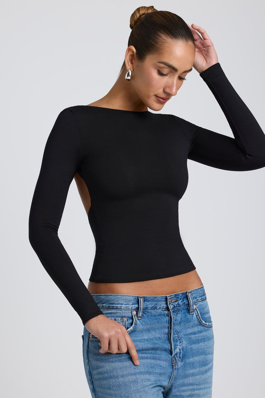 Elli Modal High Neck Long Sleeve Open Back Top in Black | Oh Polly