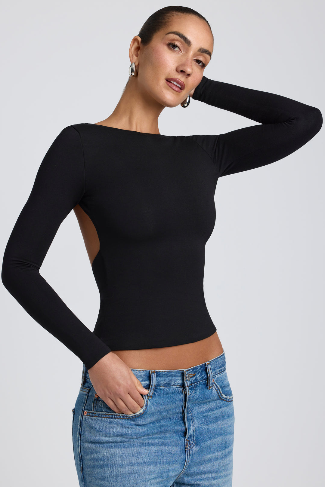 Elli Modal High Neck Long Sleeve Open Back Top in Black | Oh Polly
