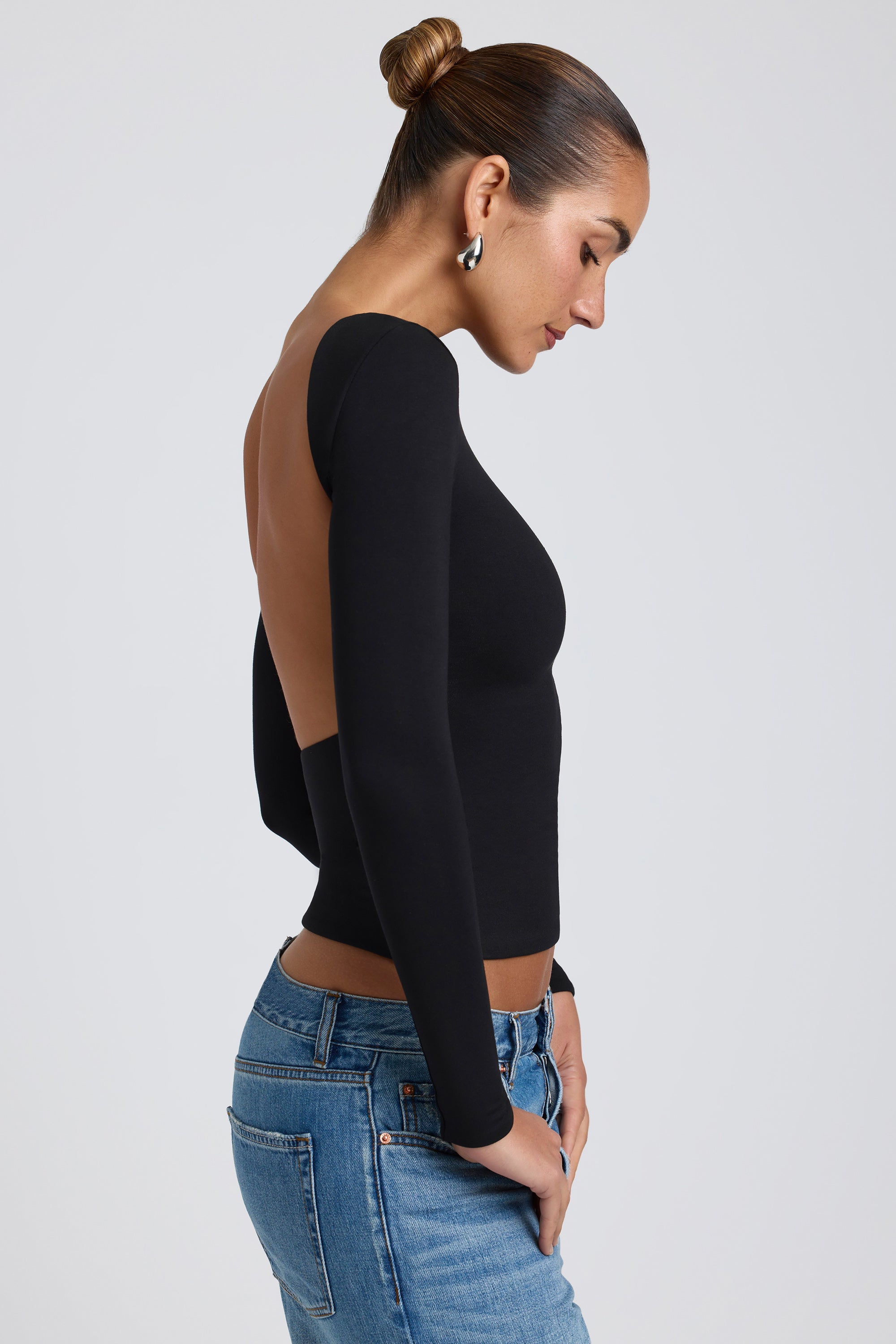 Elli Modal High Neck Long Sleeve Open Back Top in Black | Oh Polly