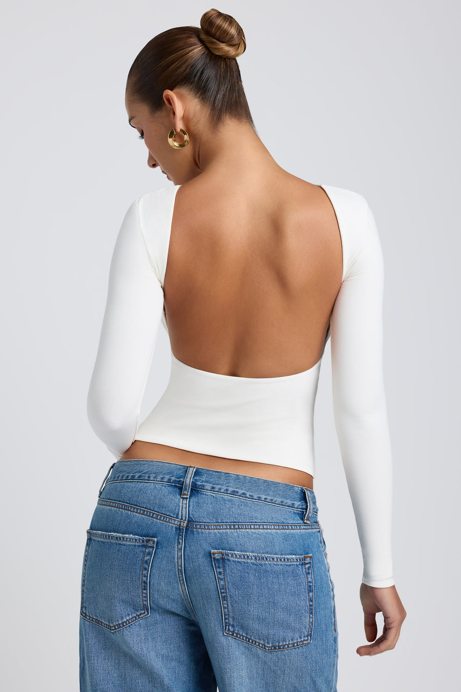 Elli Modal High Neck Long Sleeve Open Back Top in White | Oh Polly