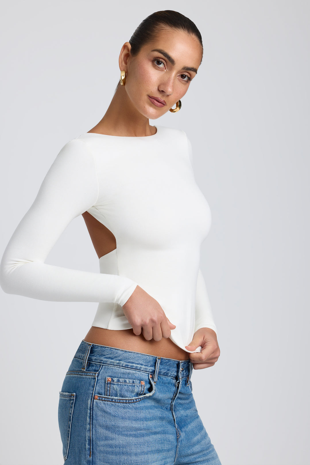 Elli Modal High Neck Long Sleeve Open Back Top in White | Oh Polly