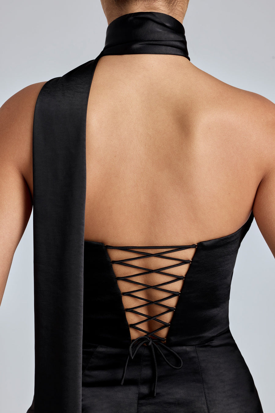 Anastasia Draped Halterneck Satin Mini Dress in Black | Oh Polly