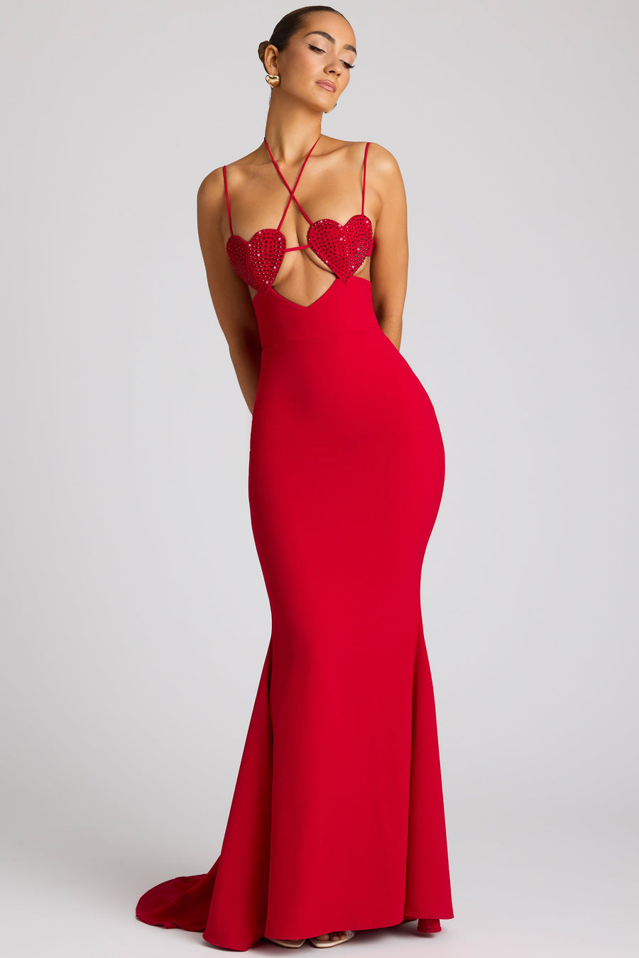 Serena Embellished Heart Cup Detail Evening Gown in Fire Red | Oh Polly