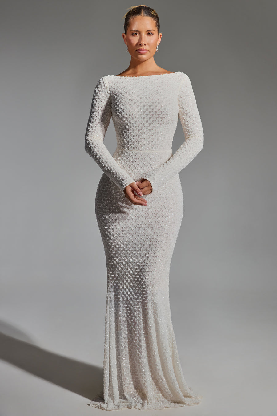 Jailene Embellished Open-Back Gown in White | Oh Polly