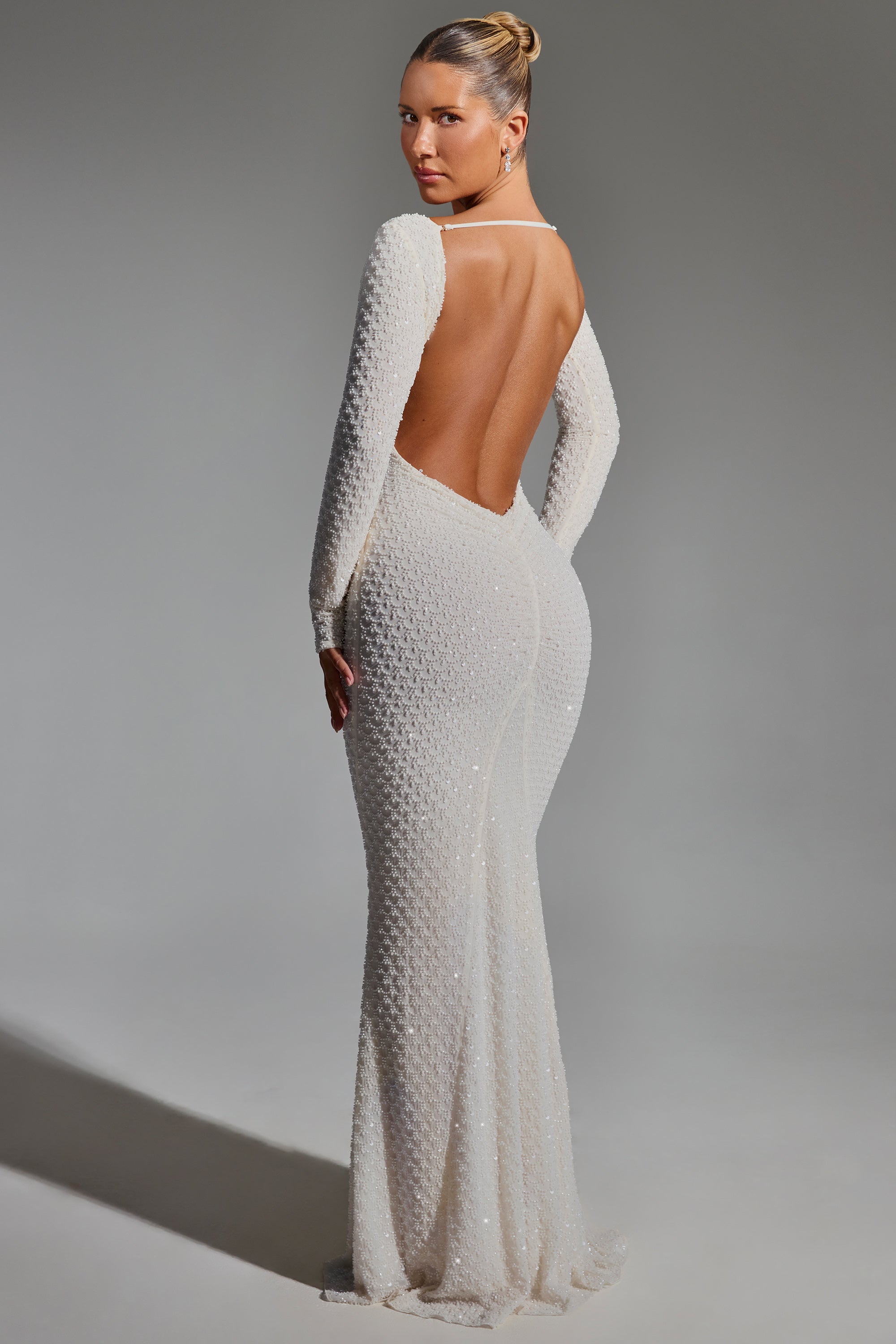 Jailene Embellished Open-Back Gown in White | Oh Polly