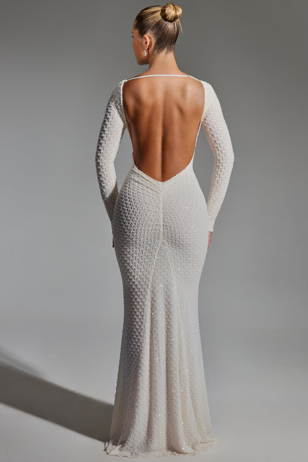 Jailene Embellished Open-Back Gown in White | Oh Polly