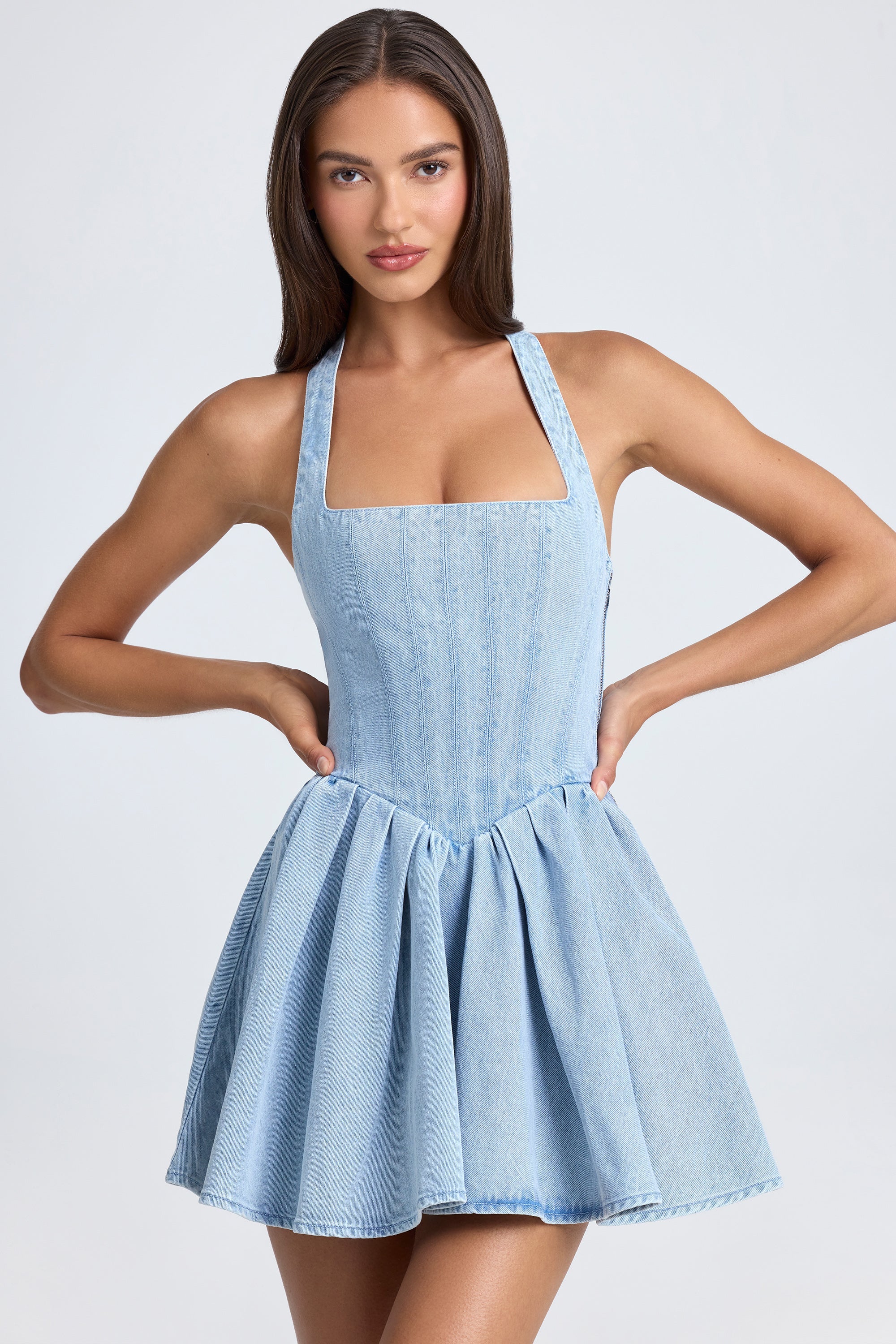 Halterneck Corset Micro Mini Dress in Light Blue Stonewash | Oh Polly