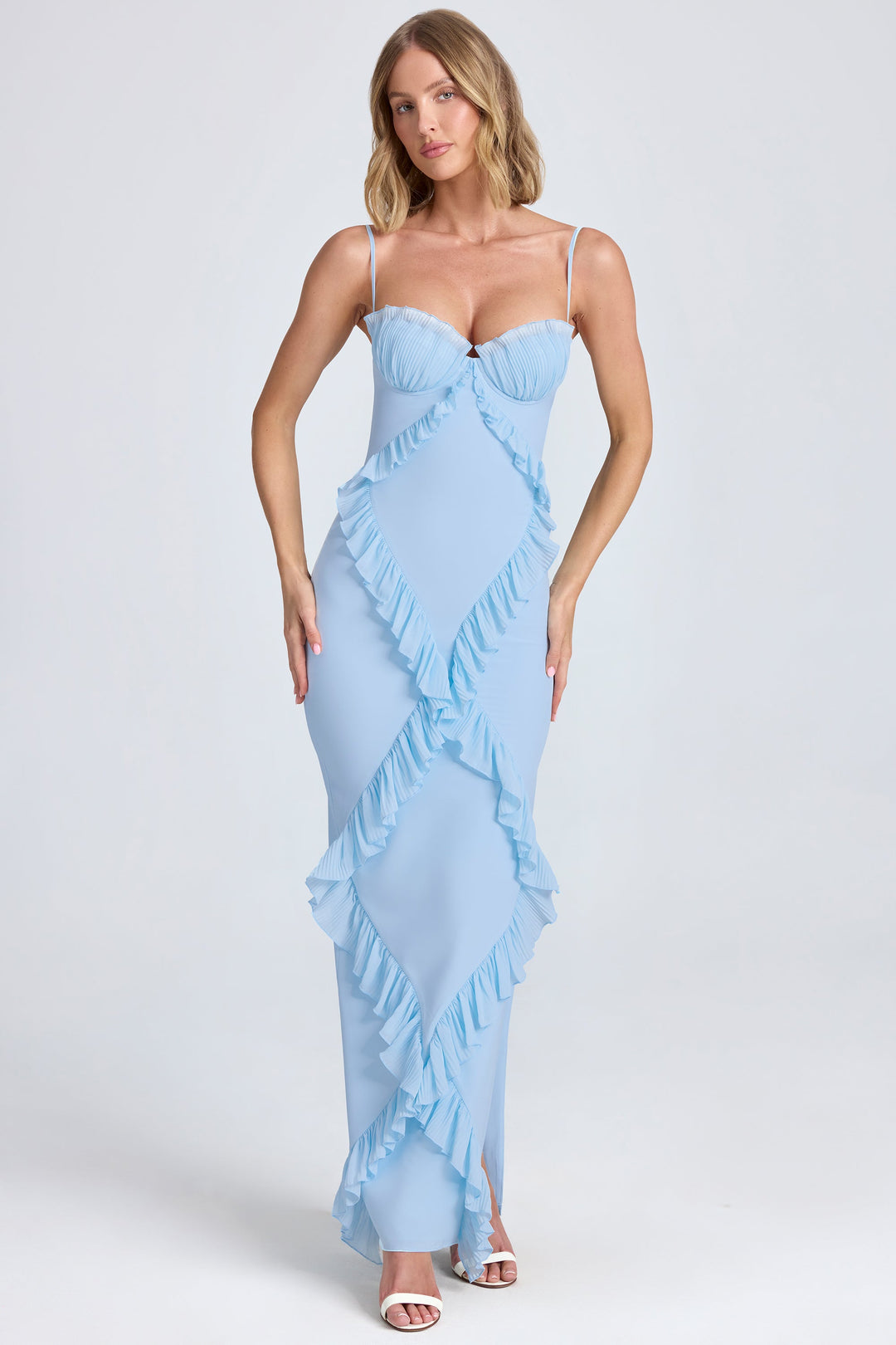 Plissé Ruffle-Trim Maxi Dress in Powder Blue | Oh Polly