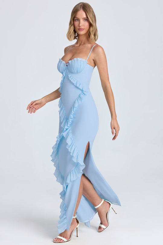 Plissé Ruffle-Trim Maxi Dress in Powder Blue | Oh Polly