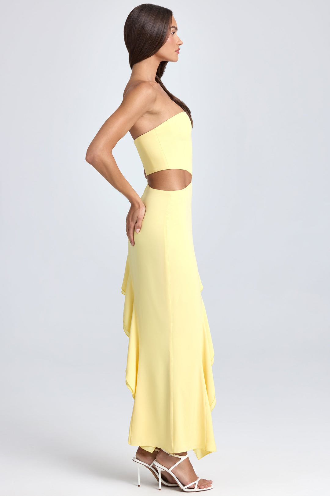 Bandeau Cut-Out Ruffle-Trim Maxi Dress in Lemon Sherbet | Oh Polly