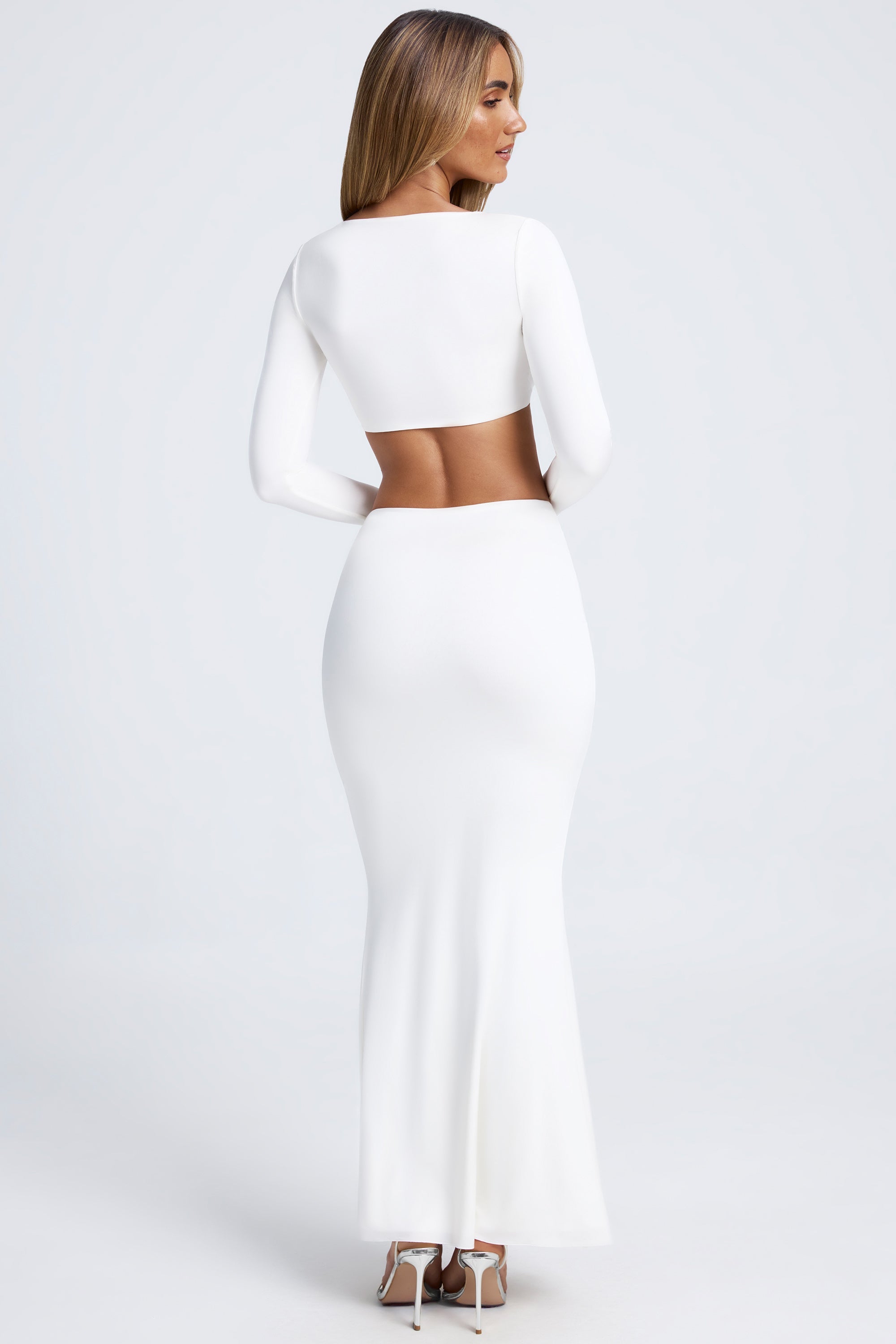 Adena Hardware Detail Fishtail Maxi Skirt in White | Oh Polly