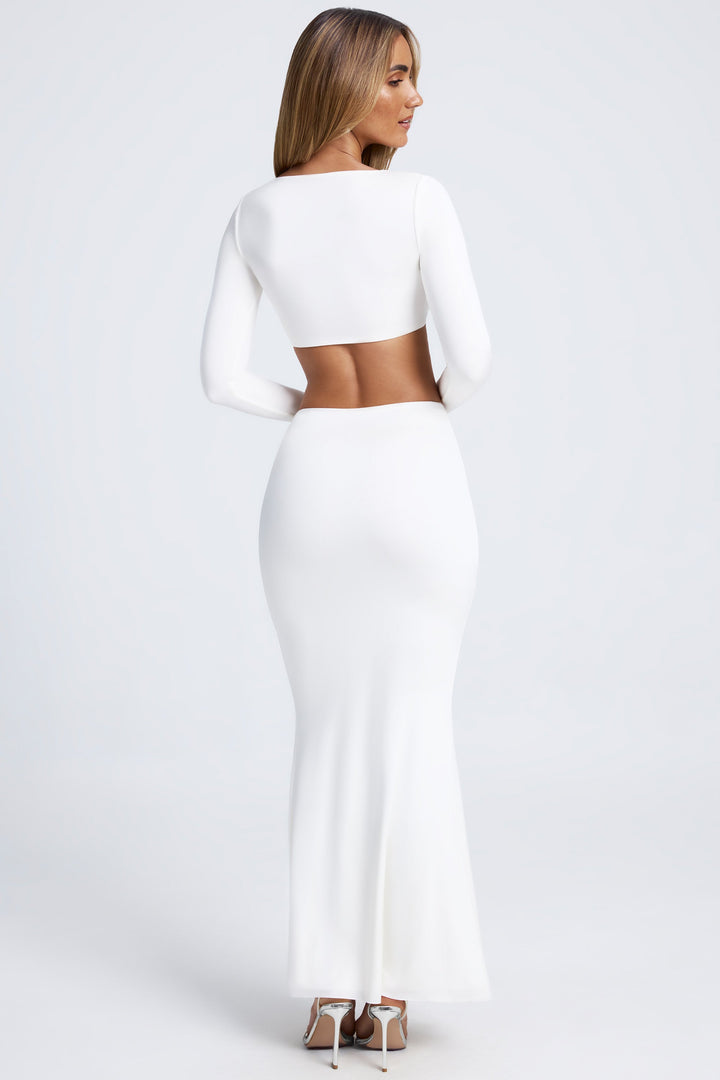 Adena Hardware Detail Fishtail Maxi Skirt in White | Oh Polly