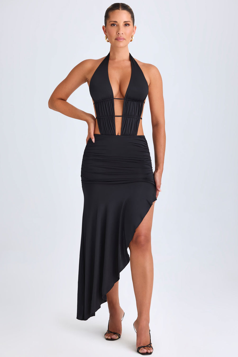 Manami Asymmetric Cut-Out Halterneck Midaxi Dress in Black | Oh Polly