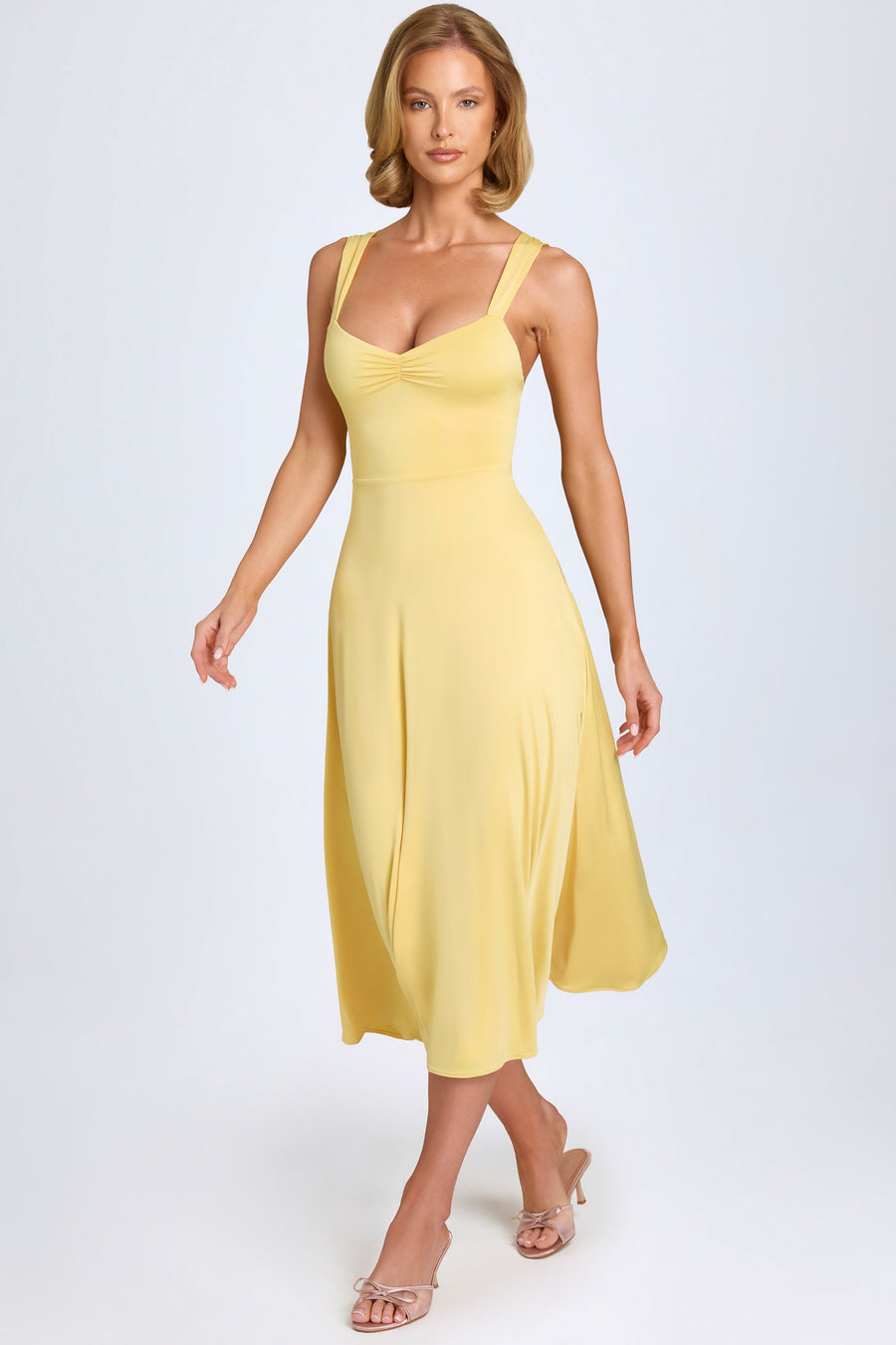 Thandie Sweetheart-Neck Ruched Midaxi Dress in Pastel Yellow | Oh Polly