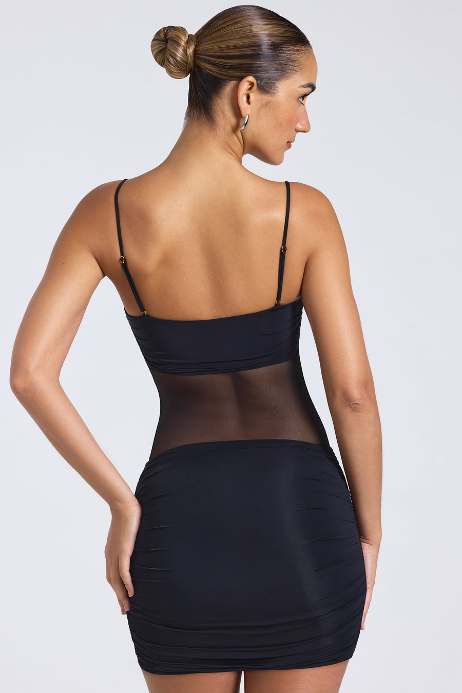 Eislyn Sheer Panelled Ruched Mini Dress in Black | Oh Polly