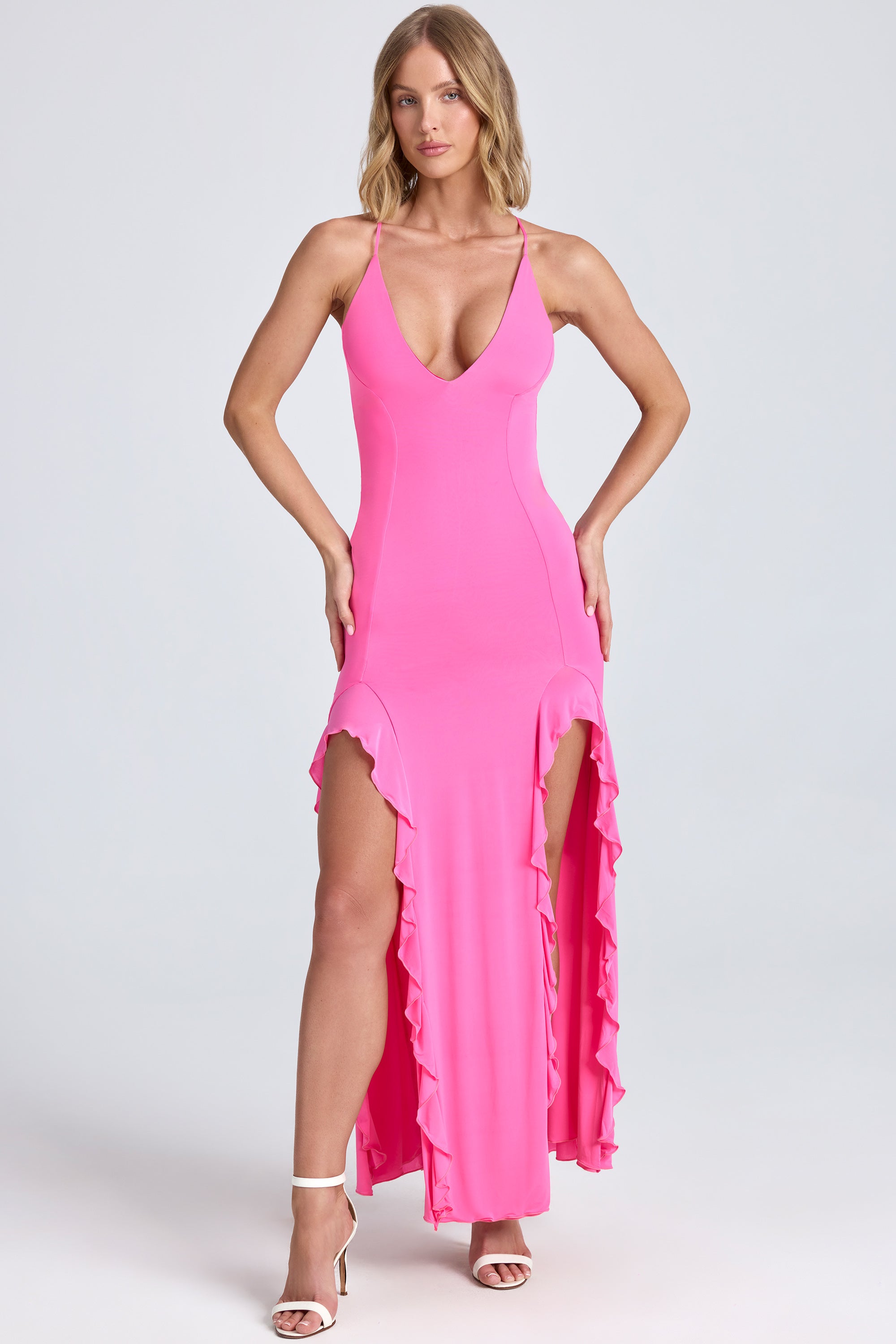 Ruched Ruffle-Trim Maxi Dress in Lollipop Pink | Oh Polly